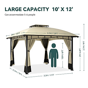 FUNG YARD 10x12 Outdoor Gazebo, Double Roof Patio Gazebo with Mosquito Netting & Curtains, Sturdy Steel Frame, Sun & Waterproof, Perfect for Backyard, Garden, Party, (Khaki)