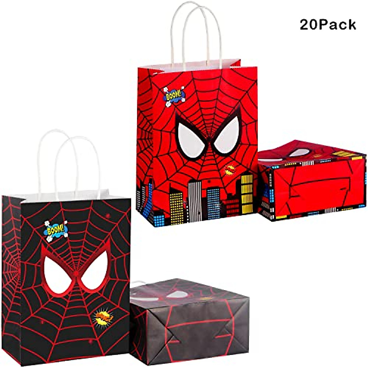 20Pcs Hero Party Treat Bags with Handles,Large Thick Kraft Double Sided Spider Web Printed Durable Gift Goodie Treat Candy Bags for Kids Boys Hero Theme Spider Birthday Party Supplies and Decorations