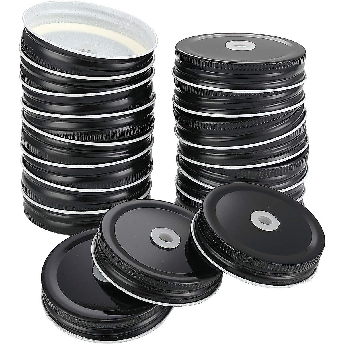 36 Pcs Mason Jar Lids Regular Mouth, Mason Jar Lids with Straw Hole, Stainless Steel Mason Canning Lids Regular Mouth, Leak Proof Reusable Ball Canning Lids for Food Storage, Black