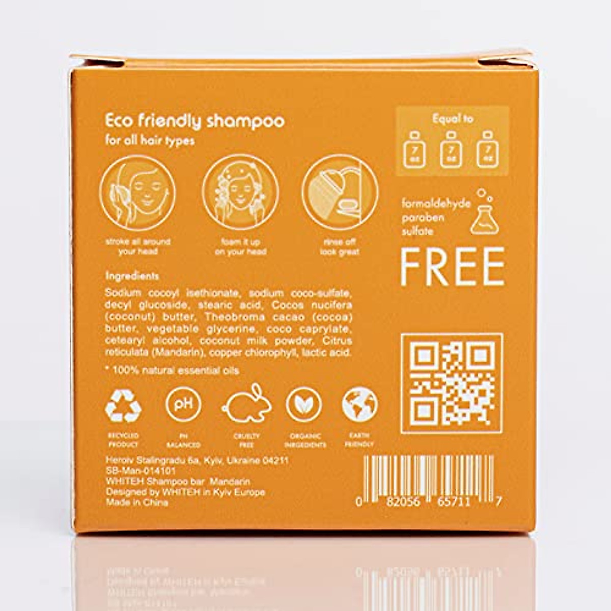 Eco-Friendly Solid Shampoo Bar for All Hair Types, Sustainable Natural Shampoo, Plastic Free, pH Balanced, Vegan, Plant Based, 100% Compostable and Zero Waste, 4.10oz (Mandarin)