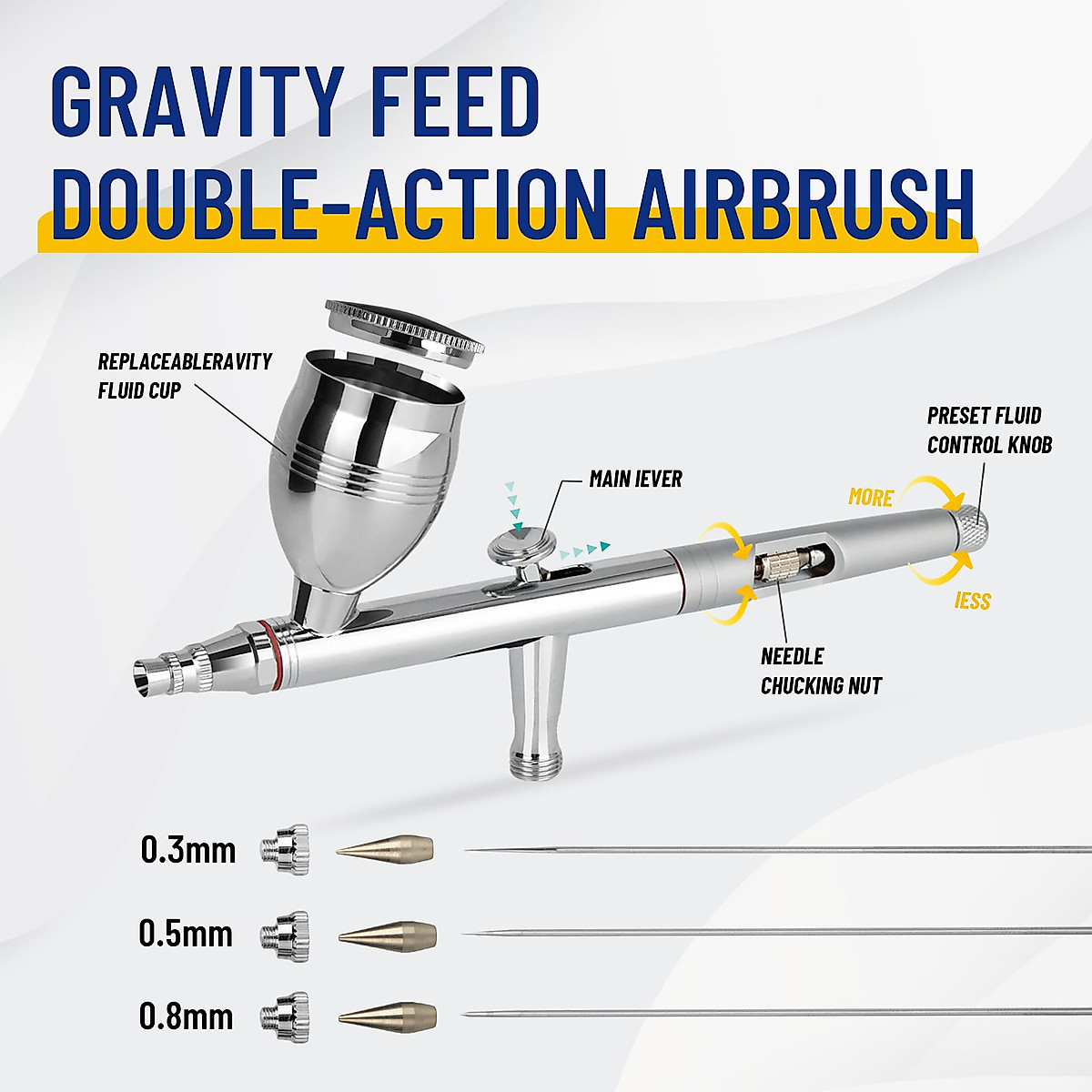 Fengda Airbrush FE-183K Precision Dual Action Airbrush Set for Gravity Feed with 3 Cup Sizes and 3 Nozzles (0.3, 0.5 and 0.8mm)