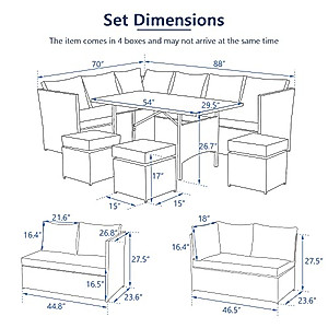 U-MAX 7 Pieces Patio Furniture Set Outdoor Sectional Sofa Conversation Set All Weather Wicker Rattan Couch Dining Table & Chair with Ottoman, Gray