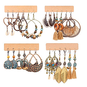 Boho Dangle Earrings Set for Women Long Tassel Dangles Earrings National Style Leather Leaf Drop Earrings Vintage Heart Shell Wooden Beads Hoop Earrings for Holiday