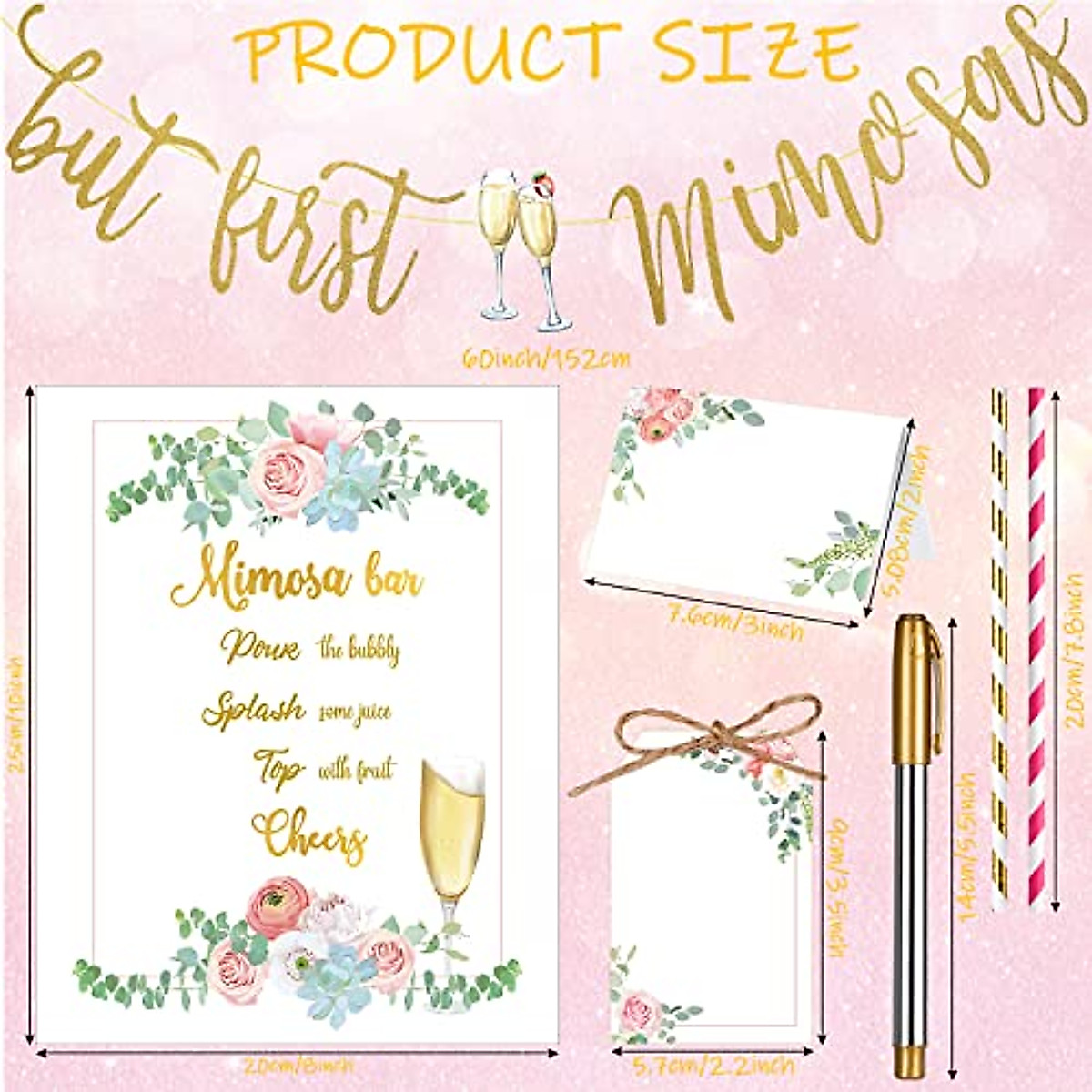 31 Pcs Mimosa Bar Kit Mimosa Bar Sign Banner Poster 4 Champagne Bottle Tags 4 Table Cards 20 Paper Straws 1 Marker 4 Ropes for Bridal Baby Shower Brunch Wedding Fiesta Bar Decor (Gold)