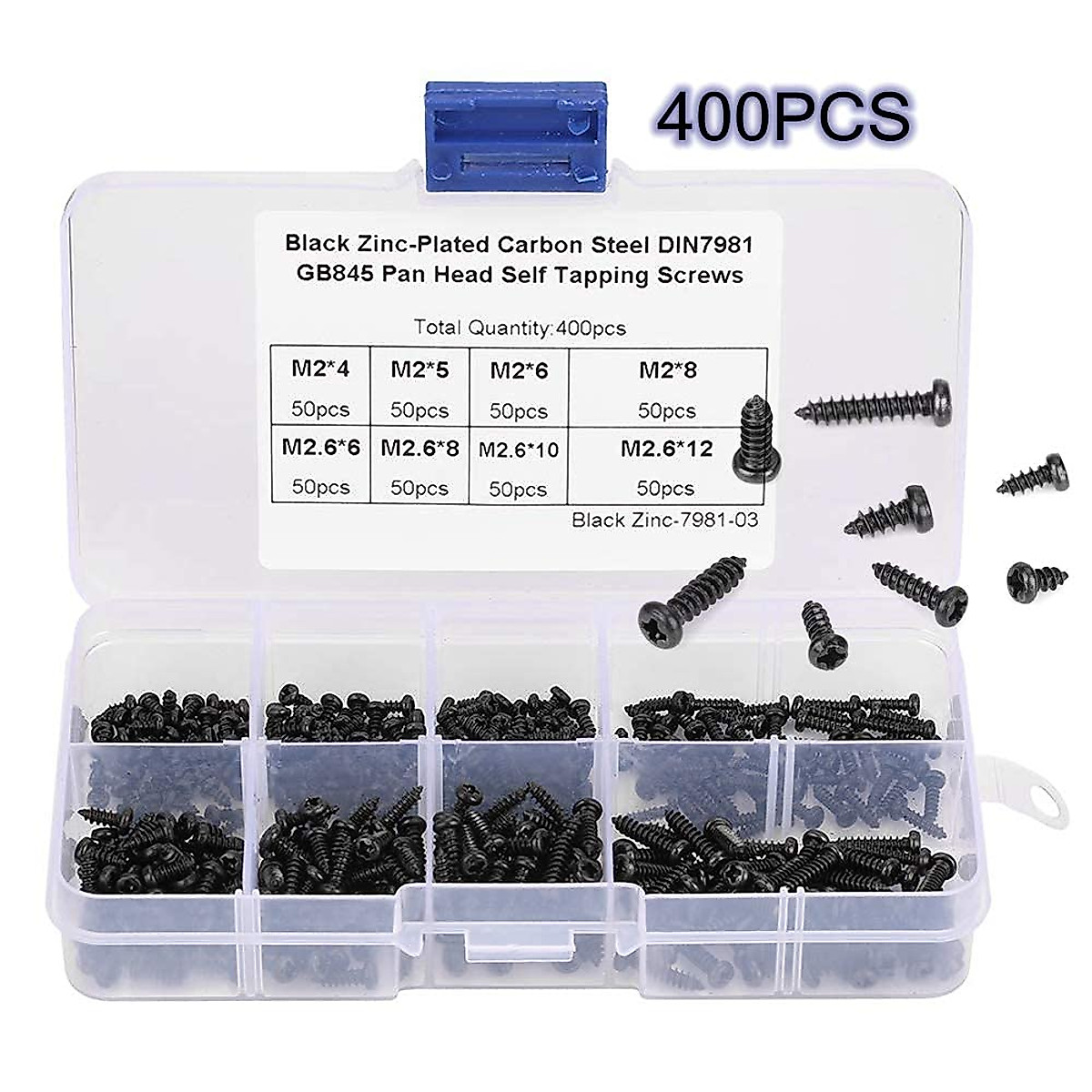 400Pcs M2/M2.6 Self Tapping Screws Assortment Set, Stainless Steel Cross Pan Head Self Tapping Screws Set, for Plastic, Wood