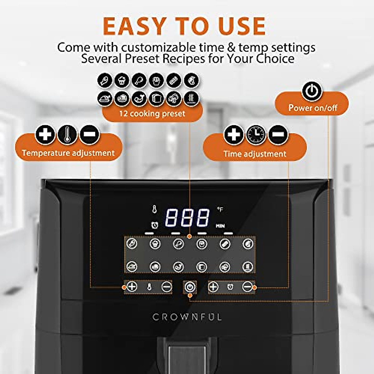 CROWNFUL 7 Quart Air Fryer, Oilless Electric Cooker with 12 Cooking Functions, LCD Digital Touch Screen with Precise Temperature Control, Nonstick Basket, 1700W, UL Listed-Black