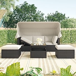 Merax 4 PCS Outdoor Patio Conversation Sets PE Wicker Sectional Sofa Rattan Daybed with Canopy, Lift Top Table, and Ottomans, Beige(New)