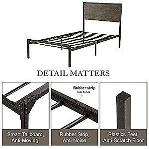 SHA CERLIN Twin Size Metal Platform Bed Frame with Wood Headboard, Mattress Foundation with Heavy Duty Metal Slats Support, No Box Spring Needed, Easy Assembly