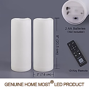 HOME MOST Pack of 2 White LED Candles Outdoor 3x8 - Unscented IP65 Waterproof Battery Powered Flameless LED Pillar Candles with Remote and Timer - Battery Operated Flameless Candles Flickering