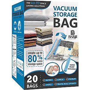 20 Pack Vacuum Storage Bags, Space Saver Bags (4 Jumbo/4 Large/4 Medium/4 Small/4 Roll) Compression for Comforters and Blankets, Sealer Clothes Storage, Hand Pump Included