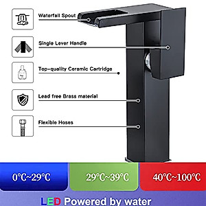 Black Bathroom Vessel Faucet Led Light 3 Color Changing Waterfall Single Handle One Hole Bowl Sink Faucet Vanity Lavatory Deck Mount Mixer Tap Tall with Pop Up Drain Without Overflow and Supply Lines