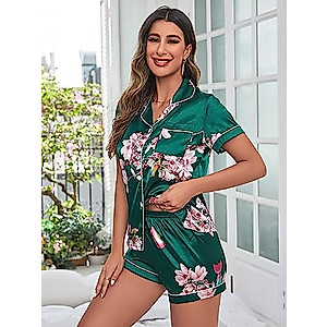 WDIRARA Women's Sleepwear 2 Piece Satin Floral Print Short Sleeve Shirt and Shorts Silk Pajama Set Green XL