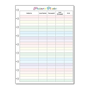 Color Password Tracker for 9-Disc Planners, Password Log, Pre-punched Planner Inserts, Password List