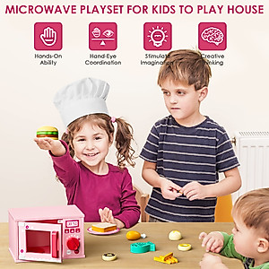 Wooden Microwave Toys Kitchen Play Set, Pretend Play Microwave with Play Food Including Hamburger Fish, Montessori Early Learning Toy Kitchen Accessories Gift for Boys Girls