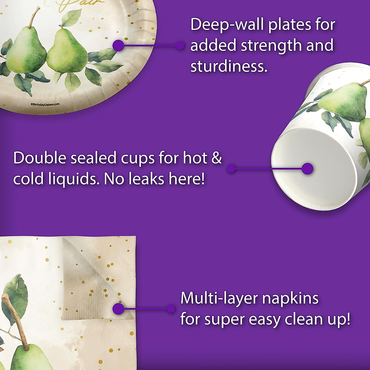 The Perfect Pair Shower Party Supplies - Perfect Pear Twin Baby Shower - Perfect Pear Bridal Shower - Tableware Set Includes Plates Napkins Cups - Kit for 16