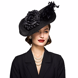 BABEYOND Tea Party Fascinator Hat for Women Kentucky Headwear Feather Derby Pillbox Wide Church Hat for Cocktail Wedding Black