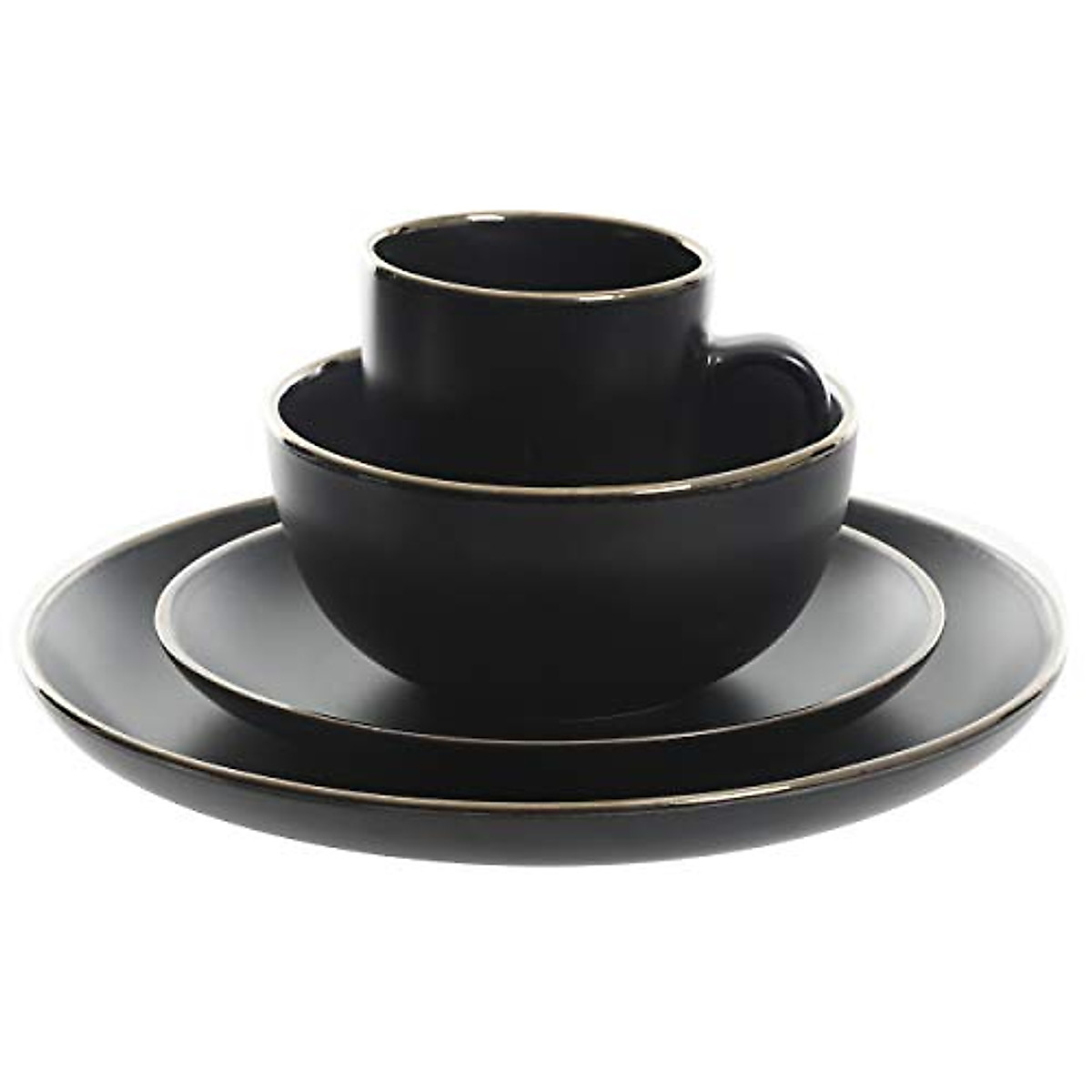 Gibson Home Rockaway Round Stoneware Dinnerware Set, Service for 4 (16pcs), Black/Gold Rim