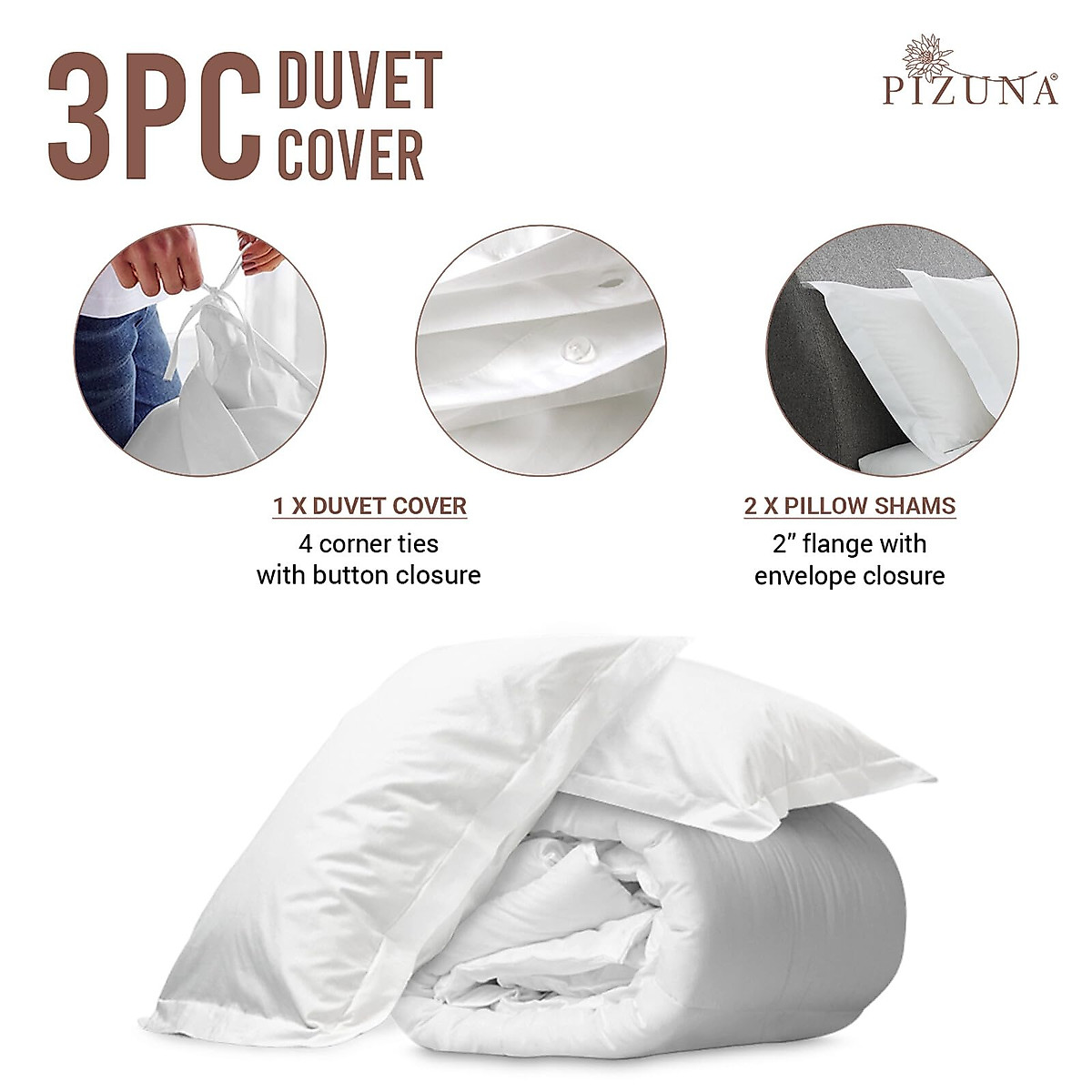 Pizuna Pure 100% Cotton King Duvet Cover with Shams, Luxurious 400 Thread Count Long Staple Cotton Sateen Weave with Hidden Button Closure (Combed White Cotton Duvet Covers King)