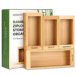Ziplock Bag Organizer, Natural Bamboo Drawer Organizer for Kitchen, Plastic Bag Holder, Food Storage Bags Holder, Compatible with Ziploc, Solimo, Hefty, Glad. Container for Gallon, Quart, Sandwich, Snack, and Slider Bag with Extra 10pcs Mylar Bags for Foo