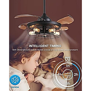 Siljoy 36” Farmhouse Ceiling Fan with Lights and Remote, Industrial Caged Retractable Ceiling Fan, 6 Wind Speeds Rustic Ceiling Fan for Patio Kitchen Bedroom Living Room, Black