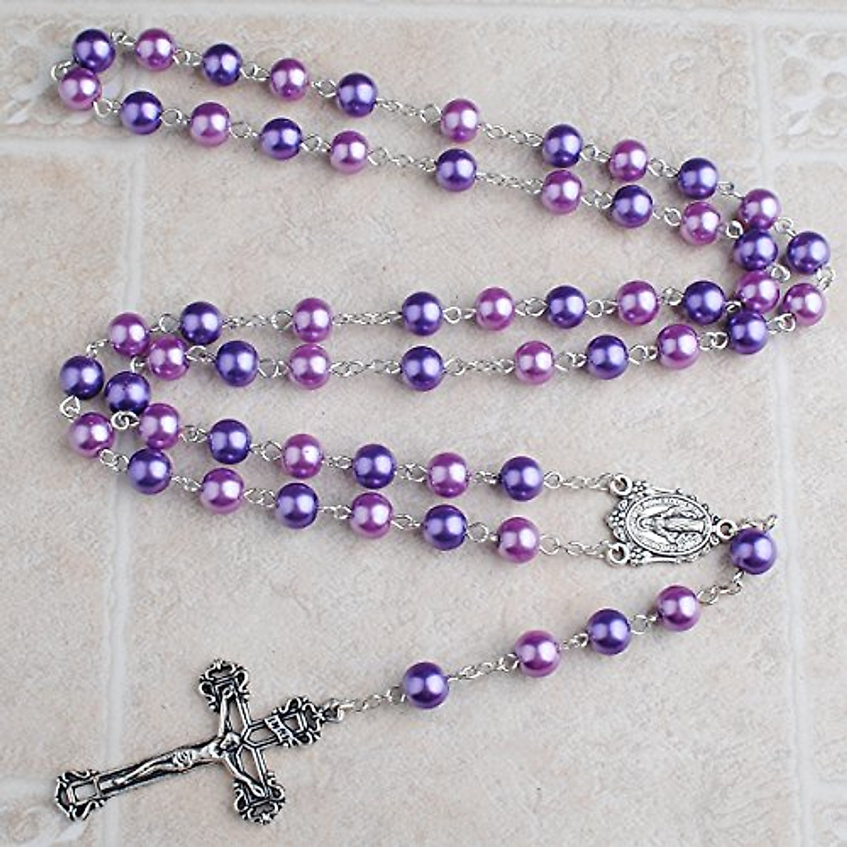HanlinCC Purple and Pink Glass Pearl Beads Rosary Necklace with Miracuolus Center Piece and Aint-Silver Crucifix with Puprle Metal Gift Box