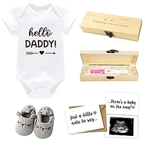 Pregnancy Announcement for Dad - Hello Daddy Baby Onesie, Baby Shoes, Pregnancy Test Keepsake Box, Pregnancy Reveal Card - Surprise Baby Announcement Gifts Set for Husband Partner