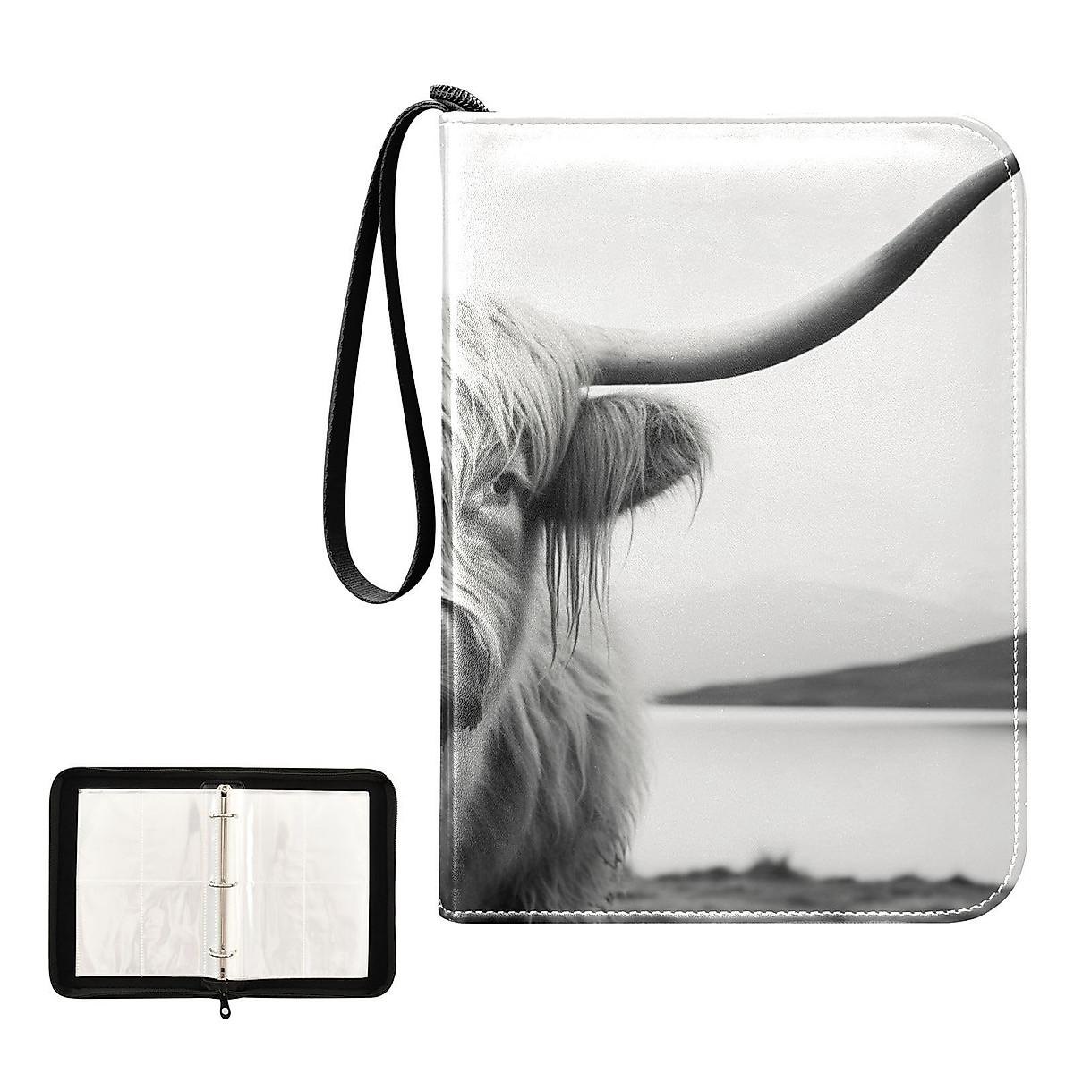 PYBUG Highland Cow Trading Card Binder with Nylon Strap 4-Pocket Waterproof PU Leather Card Collection Binder for 400 Cards Sturdy Card Holder Folders for Game Cards,Sports Cards