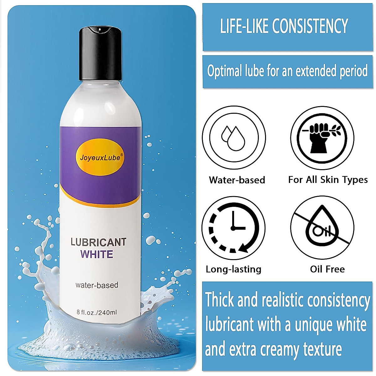 JoyeuxLube Water-Based White Lube 8 fl. oz/240ml Creamy Unscent Natural Gel Glide Lubricant Long Lasting Smooth Slippery for Men Women Couples with Discreet Package