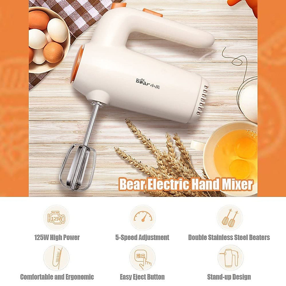 Bear Hand Mixer Electric DDQ-B01K1 125W Ultra Power Stand-up Kitchen Handheld Mixers with 2 Beaters/5-Speed Adjustment for Whipping Mixing Cookies/Brownies/Cakes 220V