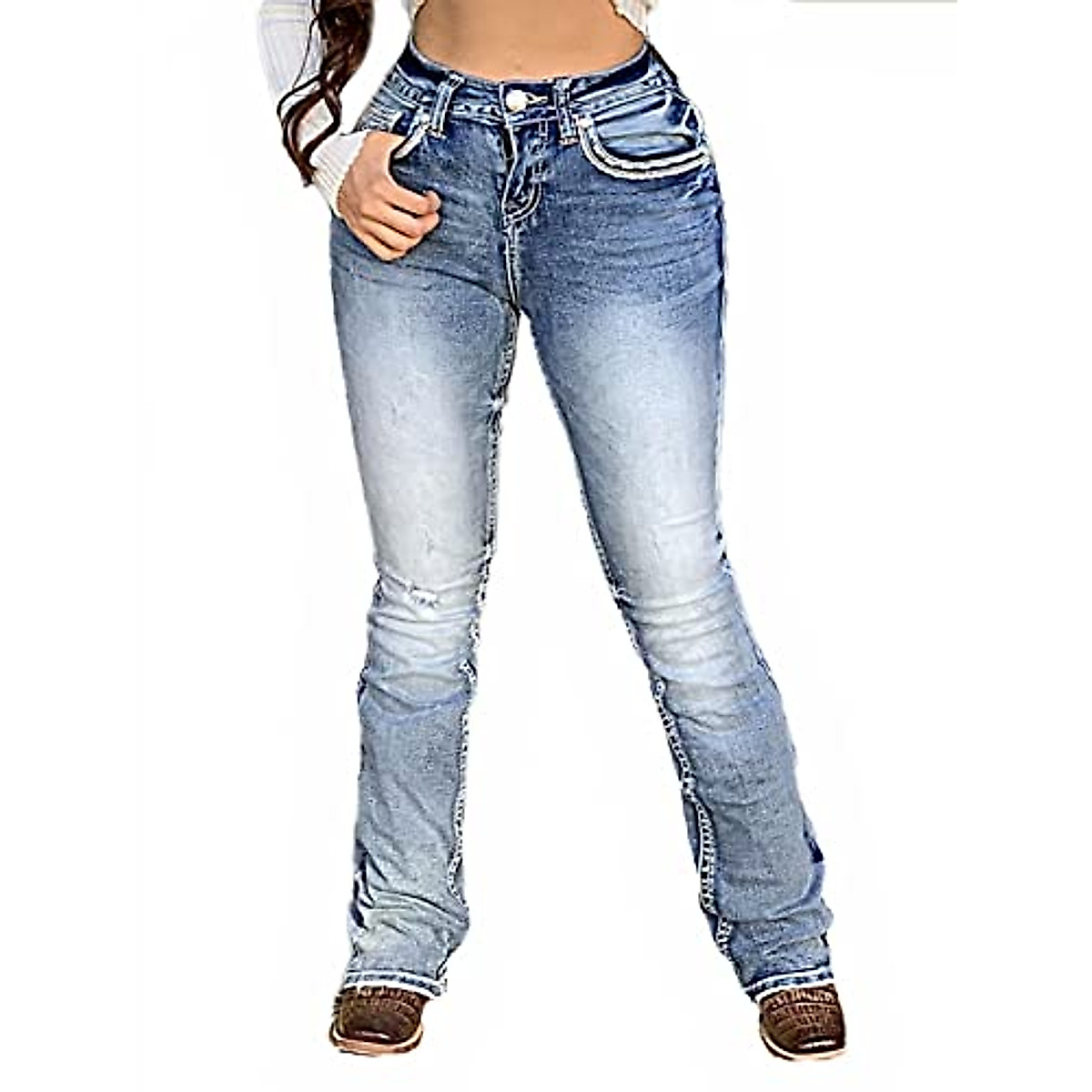 Flamingals Butt Lifting Jeans for Women Trendy Tummy Control Jeans Stretch Mid Waist Boot Cut Jeans Raw Hem Denim Pants A-Mid Blue-Raw Hem L