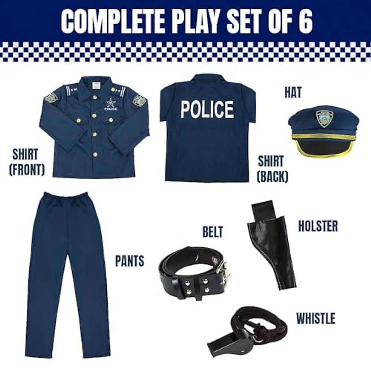 Kangaroo Deluxe Police Costume For Kids I Police Accessories Play Set I 13 Pcs Role Play Cop Costume & Dressup Accessories Include Police Hat, Shirt, Pants, Belt, Holster, and Whistle