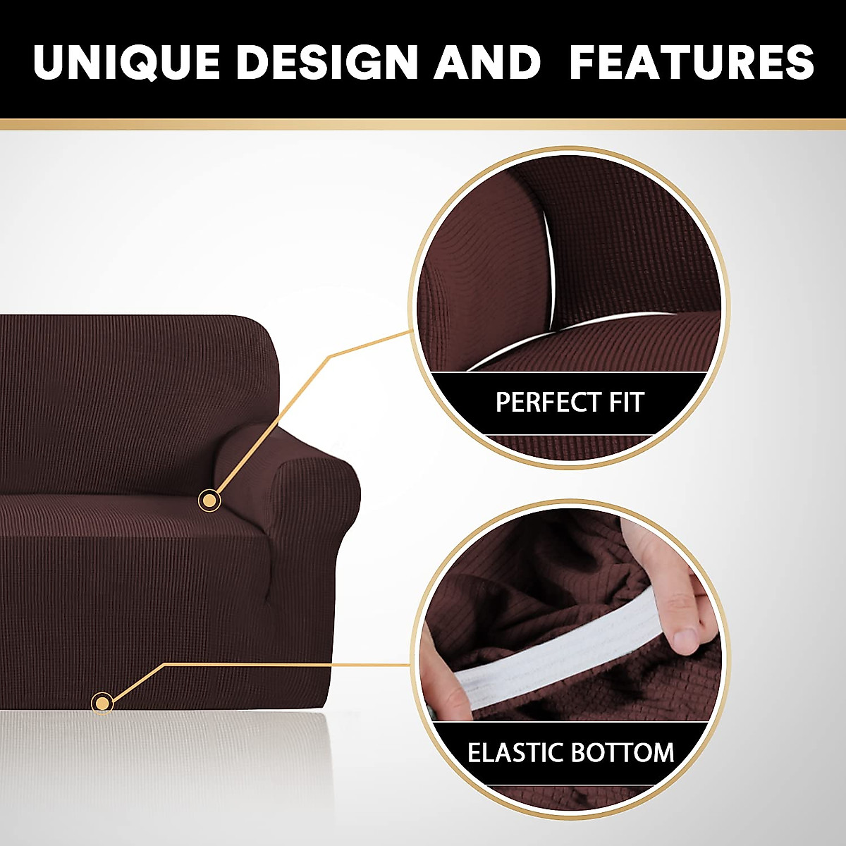 PrinceDeco Stretch Sofa Cover Slipcover Couch Covers for 3 Cushion Couch Furniture Protector Sofa Covers with Non Slip Elastic Bottom Dogs Pet Friendly Fitted (Sofa, Brown)