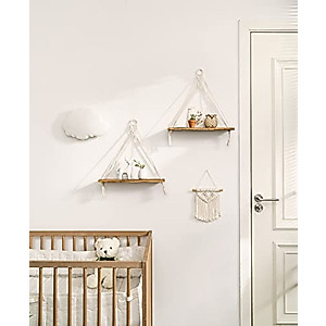 Mkono Macrame Hanging Shelves Boho Wall Decor Set of 2 Rustic Wood Floating Storage Shelf for Bedroom Bathroom Living Room Nursery Dorm Room, Display Shelving for Hanging Plants Photos