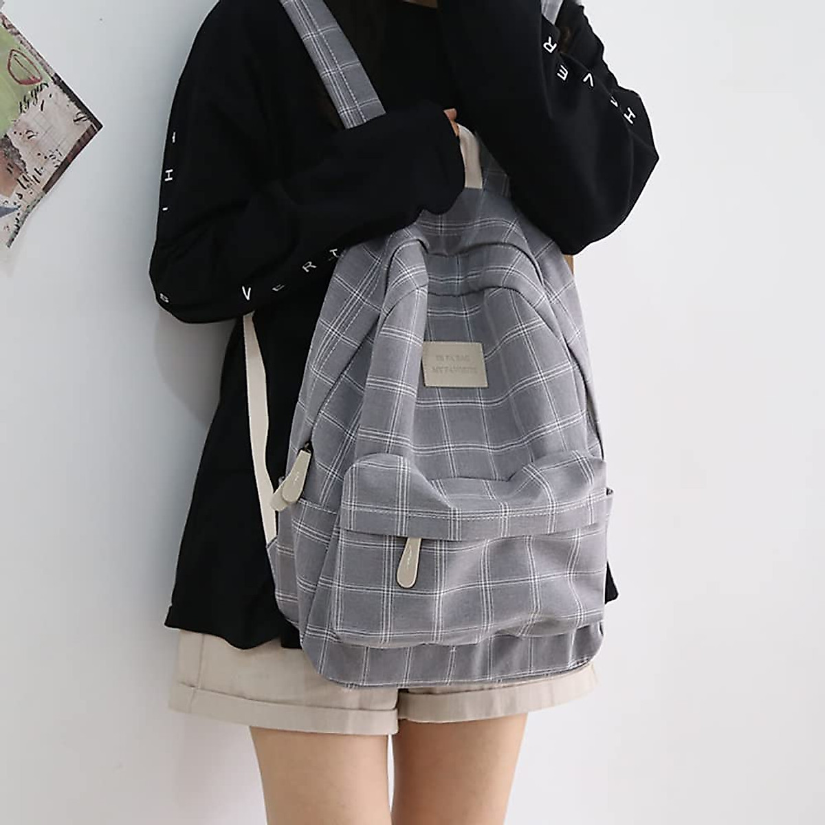 AONUOWE Light Academia Aesthetic Backpack Plaid Preppy Backpack Teen Girls Back to School Supplies Checkered Bookbags (Stone)