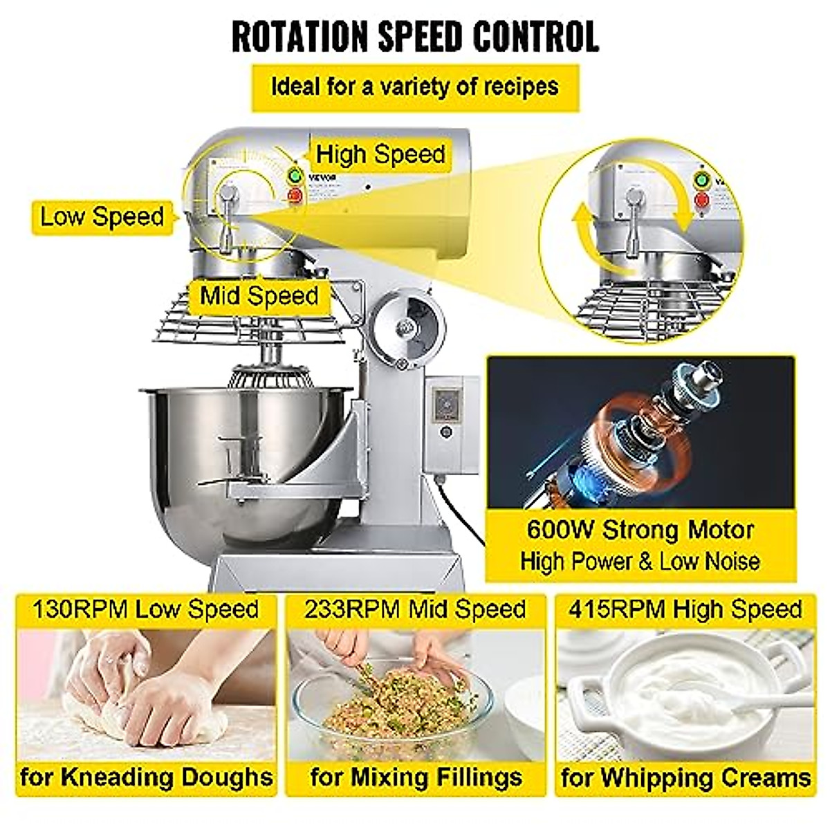 Happybuy 15Qt Commercial Food Mixer with Timing Function， Commercial Mixer 500W Stainless Steel Bowl Heavy Duty Electric Food Mixer Commercial with 3 Speeds Adjustable, Perfect for Bakery Pizzeria