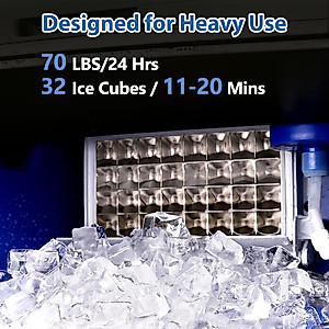 Commercial Ice Maker Machine, 70 LBS/24H Under Counter Large Ice Machine w/ 10 LBS Capacity Ice Storage Bin, 2 Water Inlet Modes, Freestanding and Built in Ice Maker for Bar/Home/Office/Shop, White