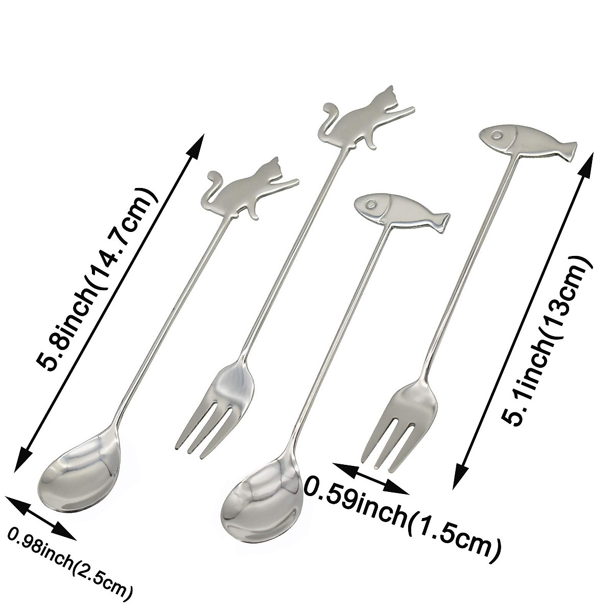 Maydahui 6PCS Cat Fish Spoon and Fork Cute Coffee Animal Spork 5.8 inch 18/10（304）Stainless Steel Teaspoon Dessert Drink Sugar Spoons Fruit Forks Tableware