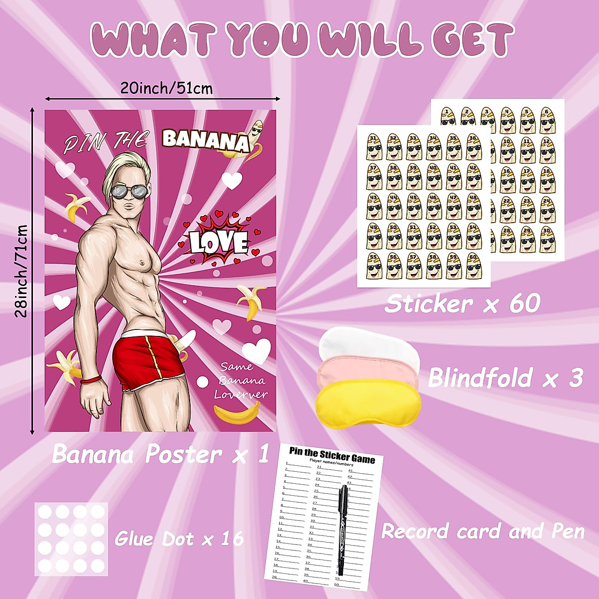 VOSINPADA Bridal Shower Bachelorette Party Games Pin The Banana on The Hunk Games, Bachelorette Party Favors Wedding Engagement Party Games Funny Ice Breaker Games Hilarious Party Games 60 Stickers