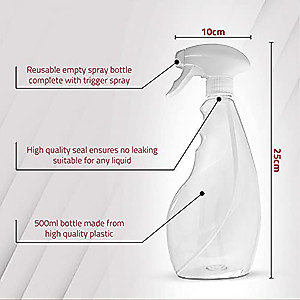 SPRAYZ Large 500ml Spray Bottles For Cleaning Solutions and Gardening, Plant, Water, Durable Trigger Sprayer, Refillable, Spray Bottle for Hair, All Directions, Clear Plastic Bottle 2x 500ml