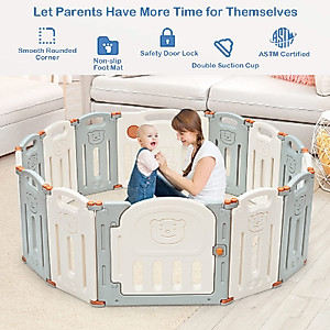 Costzon Baby Playpen, 14-Panel Foldable Large Baby Playard w/Locking Gate, Non-Slip Rubber Bases, Adjustable Shape, Portable Baby Fence Play Area Design for Indoor Outdoor Use (Beige + Gray)