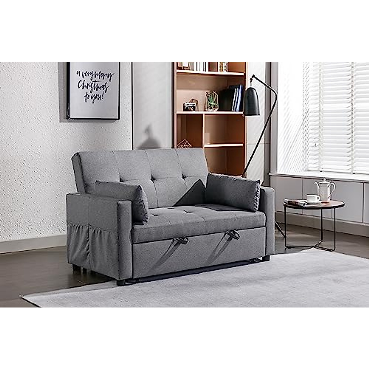 Polibi 55.1" Modern 3-in-1 Convertible Sleeper Sofa Bed w/Side Pockets, Linen Upholstered Pull Out Sofa Bed Couch with 3 Adjustable Angle Backrest and Two Throw Pillows (Dark Grey)