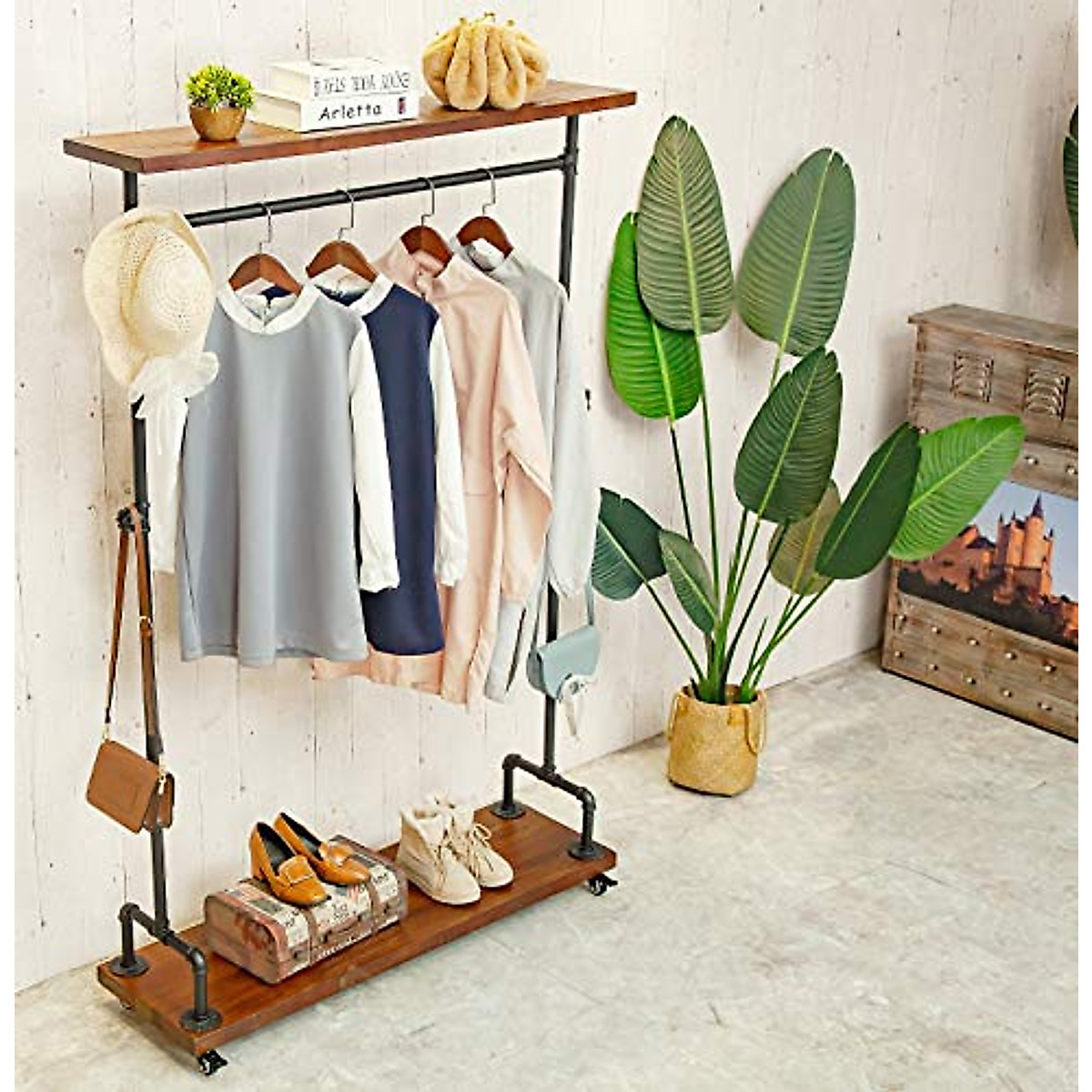 DOFURNILIM Industrial Pipe Clothing Racks, Rolling Garment Racks, Hall Tree on Lockable Wheels with Shelves and Shoes Storage, Heavy Duty Clothes Rack (two tiers garment rack)