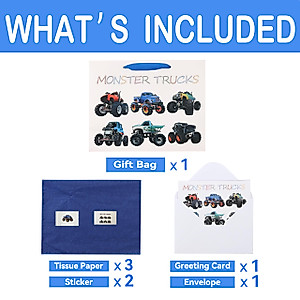 13" Large Truck-themed Gift Bags Set with Greeting Card and Tissue Paper (Monster Trucks Design) for boys, Kids Birthday Party,Baby boy,Baby Shower,Newborn,New Moms or Parents -13”x5.2”x10.2”, 1 Pcs