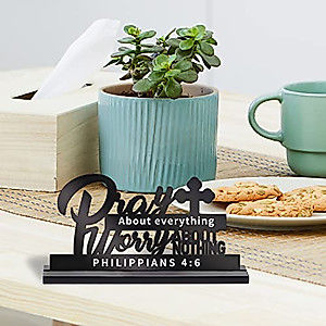 Pray About Everything Worry About Nothing Sign, Religious Scripture Inspirational Word Plaque, Bible Verses Plaque Decor, Wooden Table Centerpieces Christmas Decorations for Home Living Room Office