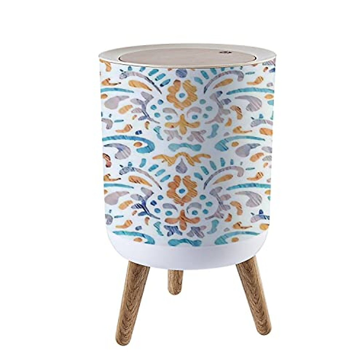 Small Trash Can with Lid Embroidered Seamless Bohemian Wavy Print Watercolor Texture on a White 7 Liter Round Garbage Can Elasticity Press Cover Lid Wastebasket for Kitchen Bathroom Office 1.8 Gallon