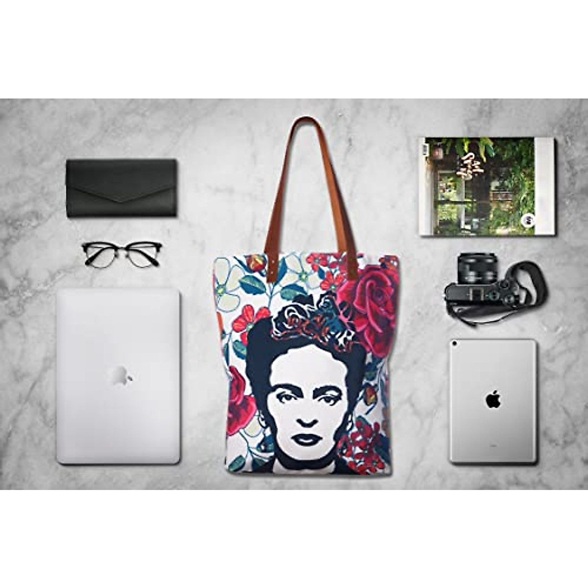 Akitai Frida Kahlo Inspired White Portrait Buenos Aires Mural Floral Tote Bag Relaxed - Shoulder - Great For Shopping, Travelling, and Days Out – Boho - Handbag - Art Bag in the Image of Frida Kahlo