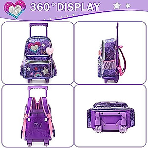 Meetbelify Rolling Backpack for Girls School Backpack with Wheels Kids Sequin Roller Luggage for Elementary Kindergarten Students with Lunch Box Pencil Case for Girls 5-12 Years Old