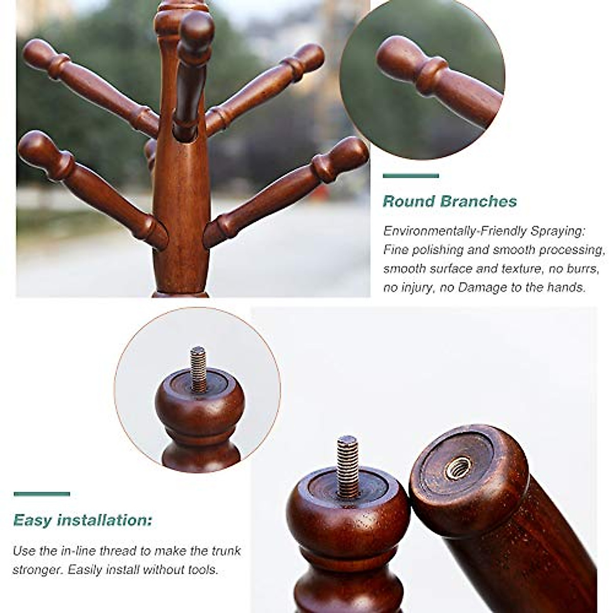 Vlush Free Standing Coat Rack, Wooden Coat Hat Tree Coat Hanger Holder Coat Hook Entryway Hall Tree with Solid Rubber Wood Base, 10 Hooks,Coffee