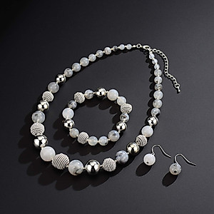 PEARL&CLUB Beaded Chunky Statement Necklace Earring and Bracelet Set Silver Metal Bead Fashion Jewelry Set Mothers’ Day Gifts for Women (Grey)