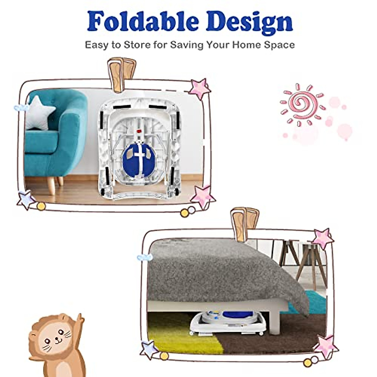 INFANS Foldable Activity Baby Walker, 2 in 1 Anti-Rollover Toddler Walker Helper with Adjustable Height and Speed Safety Belt, Music Center for Boys and Girls (Blue)